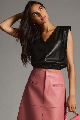 Simone Vegan Leather Banded V-Neck Top | Nuuly