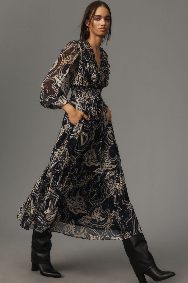 Long-Sleeve V-Neck Textured Midi Dress | Nuuly Long-Sleeve V-Neck Textured Midi Dress | Nuuly