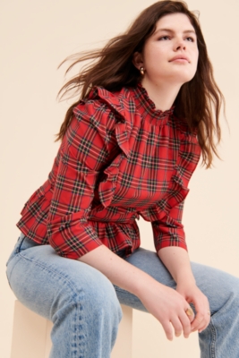 Plaid High-Neck Ruffle Blouse | Nuuly