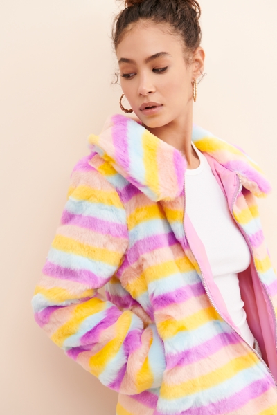 Rainbow Stripe Faux Fur Jacket | Nuuly