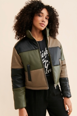 Vegan Leather Colorblock Puffer | Nuuly