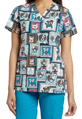 White Cross Family of Furry Friends print scrub top. Main Image